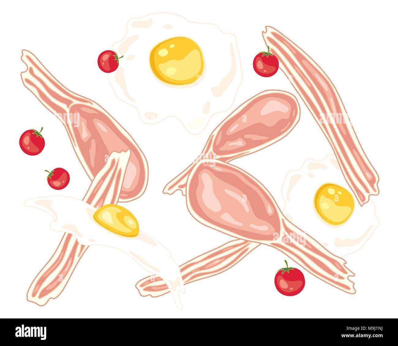 an illustration of bacon rashers fried eggs and tomatoes scattered on a ...
