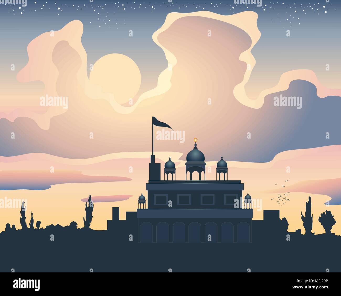 an illustration of a sikh gurdwara at sunset under a colorful sky with ...