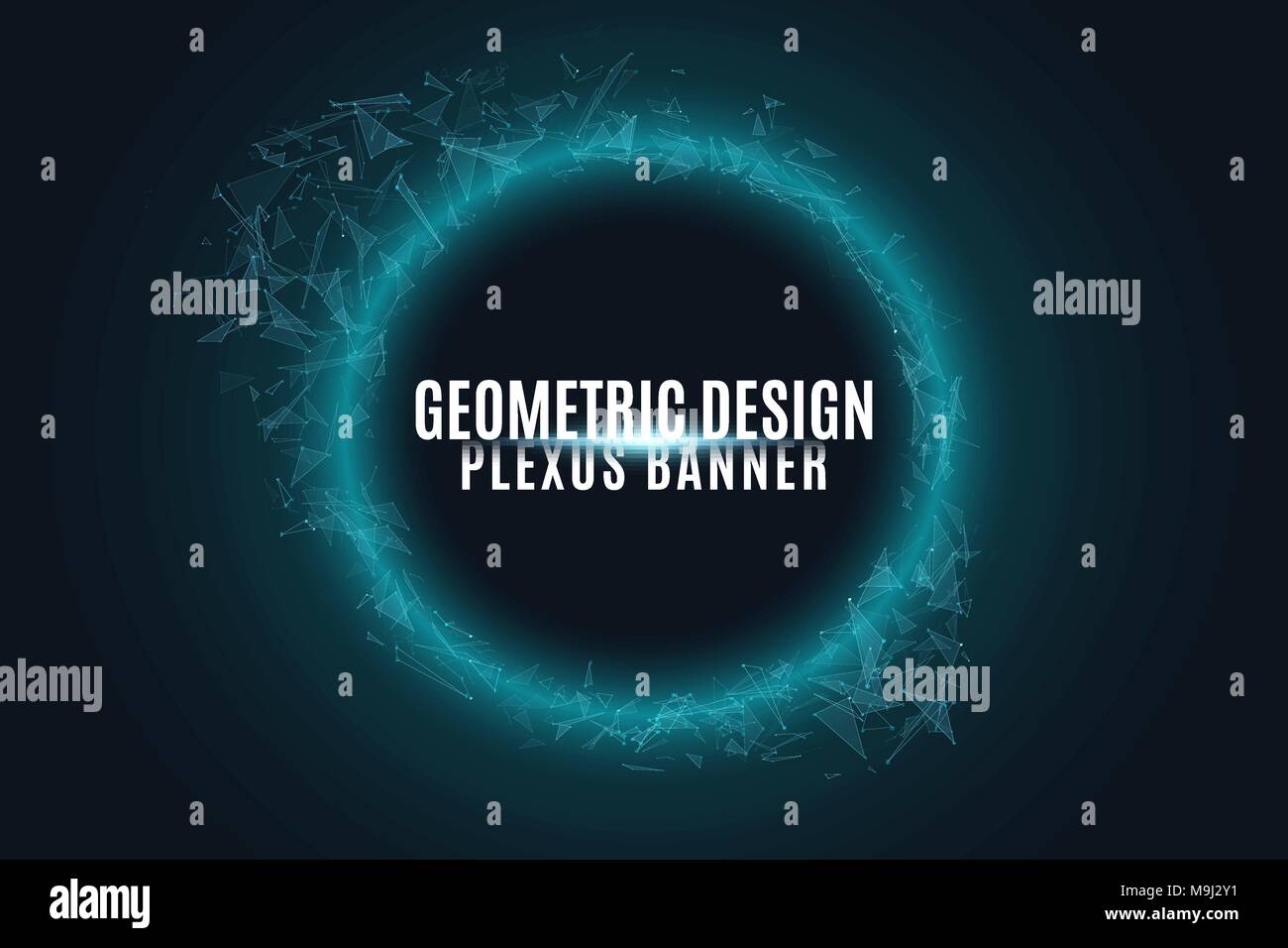 Geometric glowing banner of flying geometric particles on a black ...