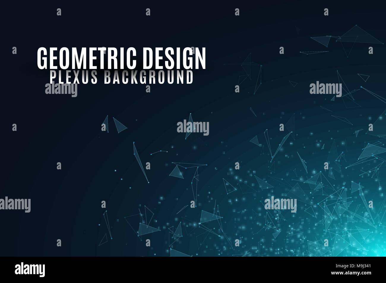 Abstract background of flying geometric particles on a dark background ...