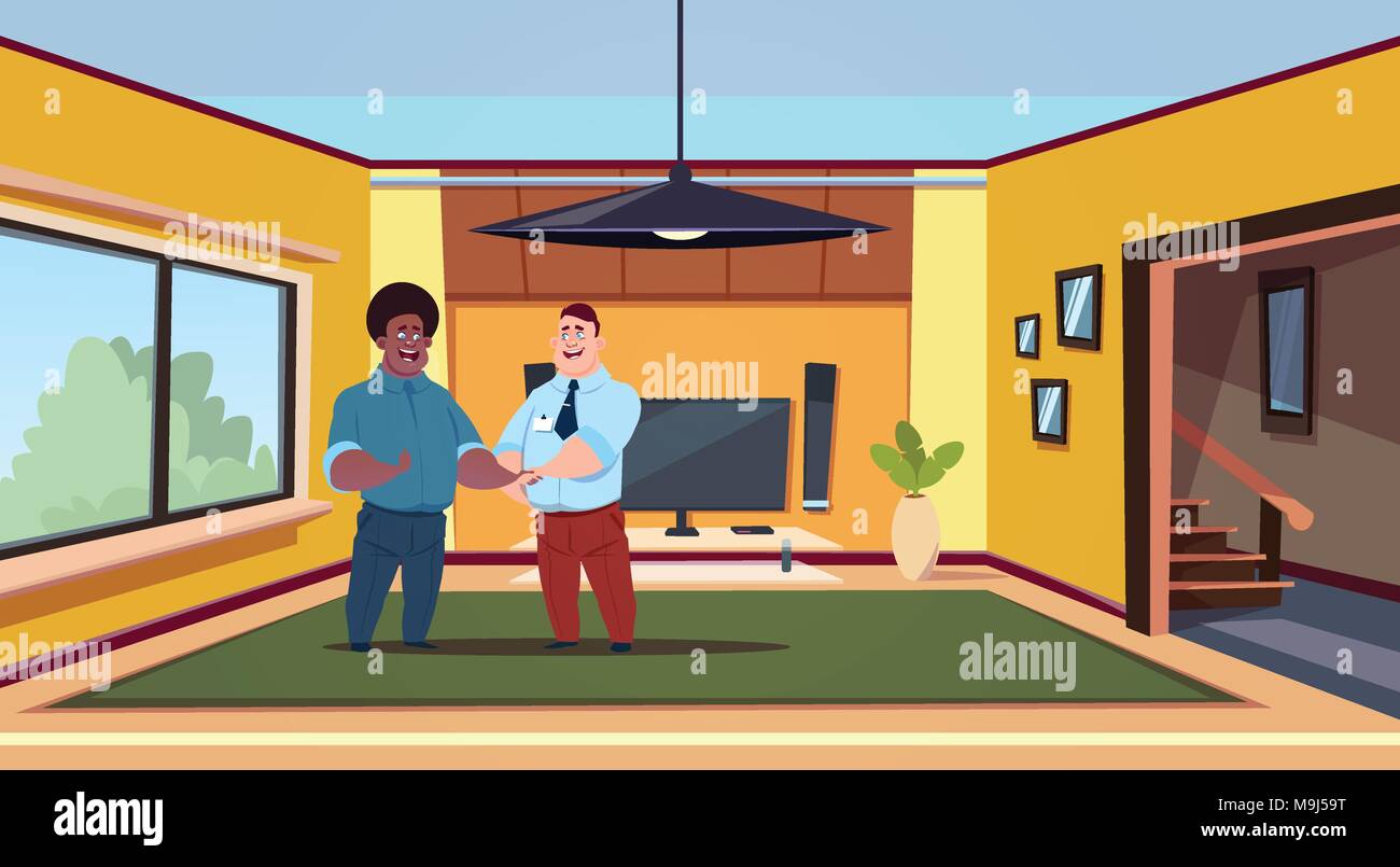 Two Man Agent And New Owner In Modern Living Room Shaking Hands Buying ...