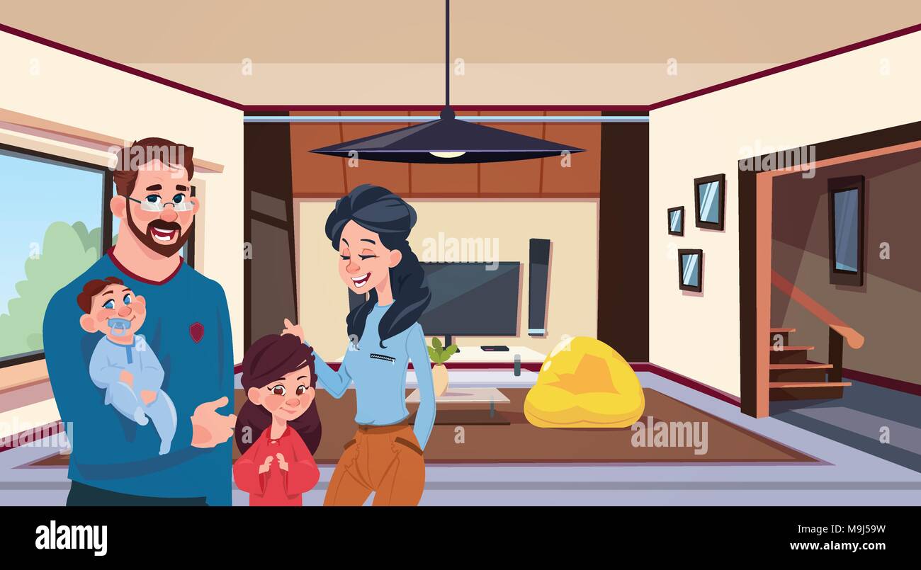 Young Family Parents With Two Kids In Modern Living Room At Home Stock ...