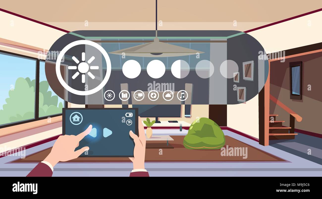 Hand Use Digital Tablet With Smart Home App Automation Over Living Room ...