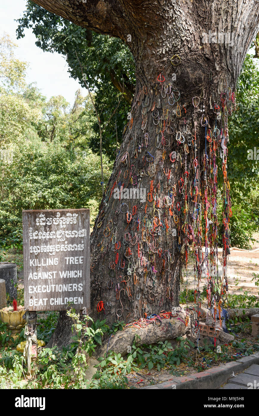 The killing tree at the Killing Fields of Choeung Ek near Phnom Penh on ...