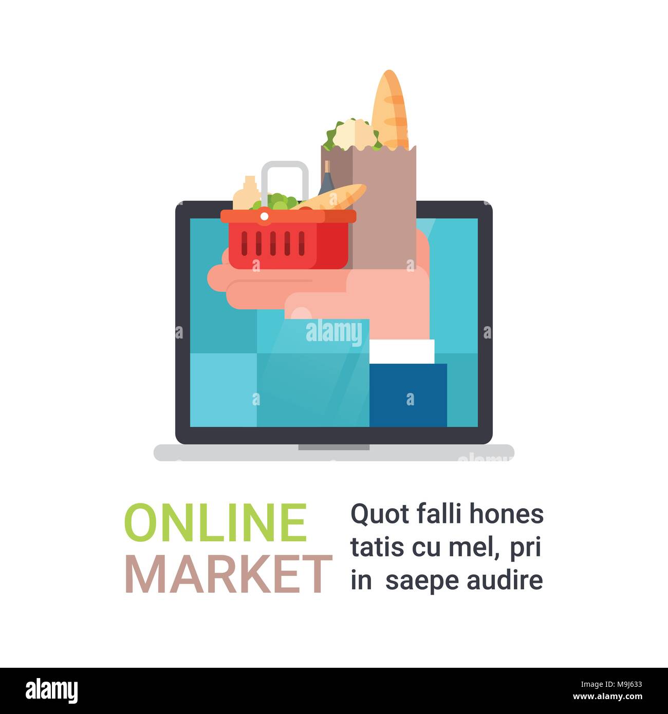 Online Grocery Shopping And Food Delivery Icon With Hand Holding Bag ...