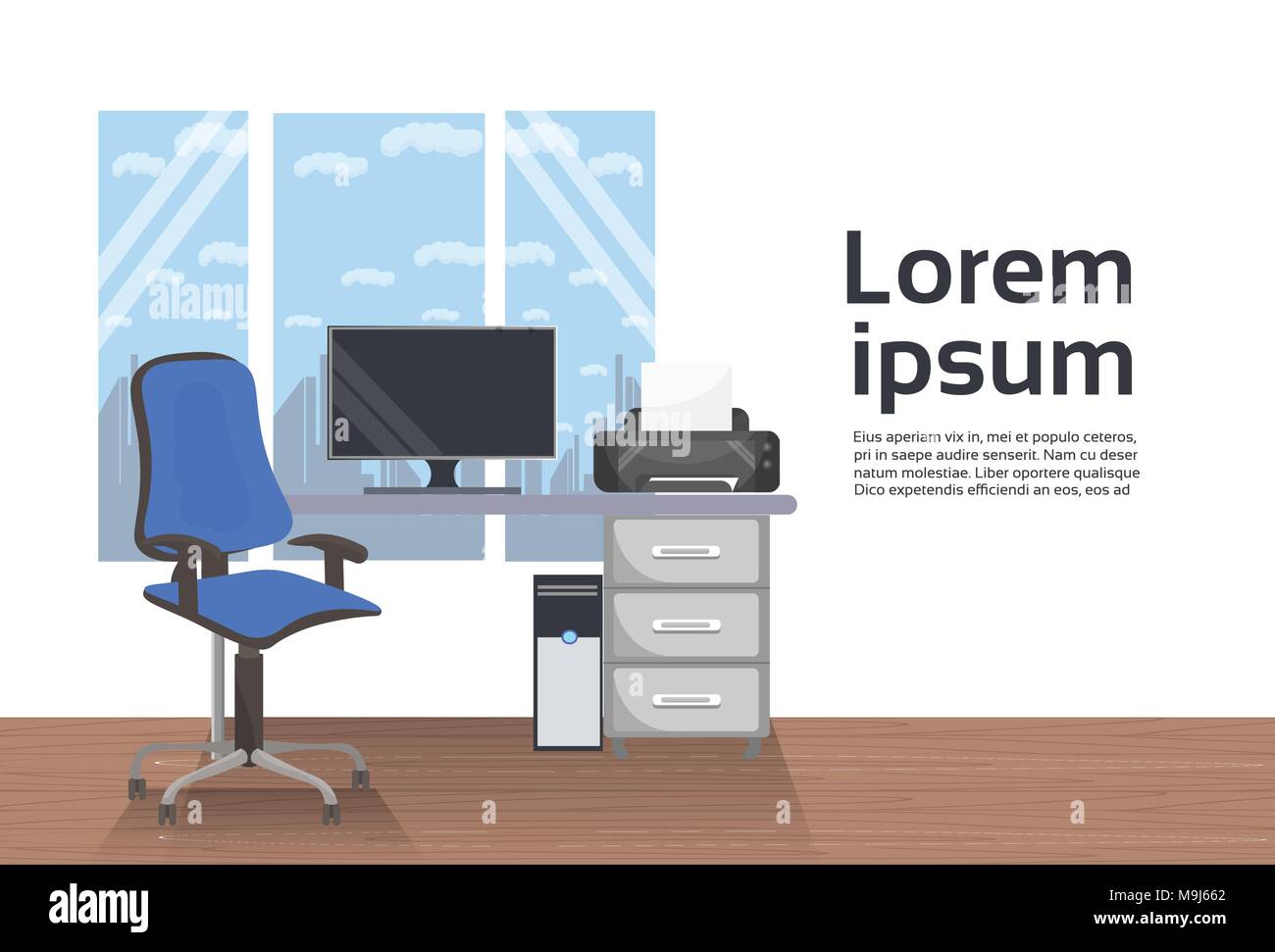 Empty Workplace Office Interior Desk With Computer And Chair Over ...