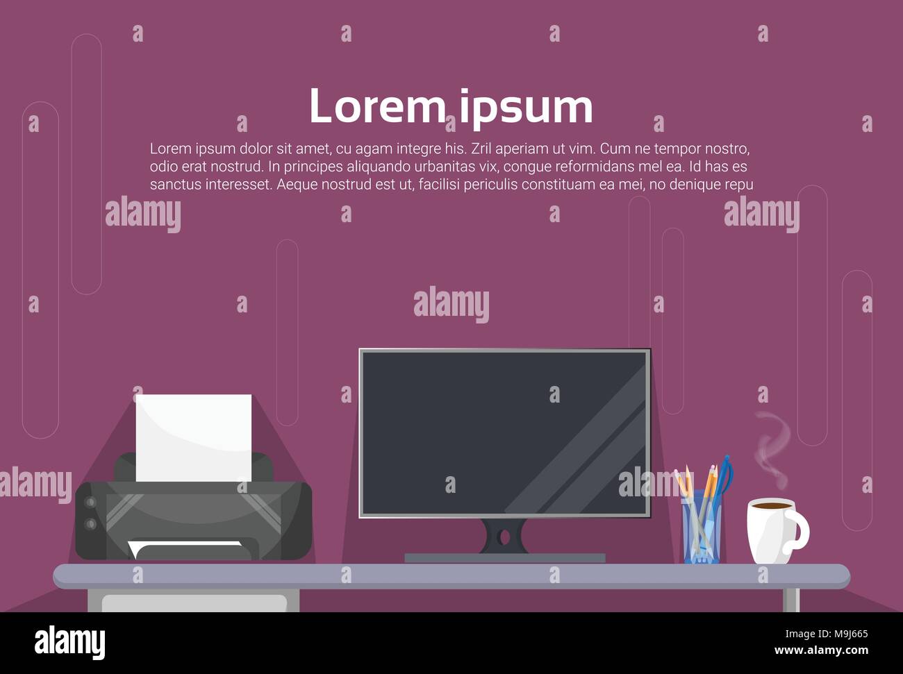 Office Desk With Computer And Printer Workplace Background Stock Vector ...