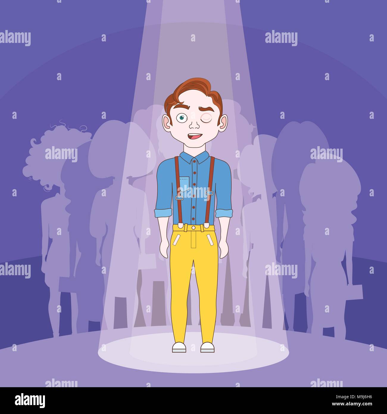 Talented Man Standing In Spotlight Over Silhouette People Crowd ...