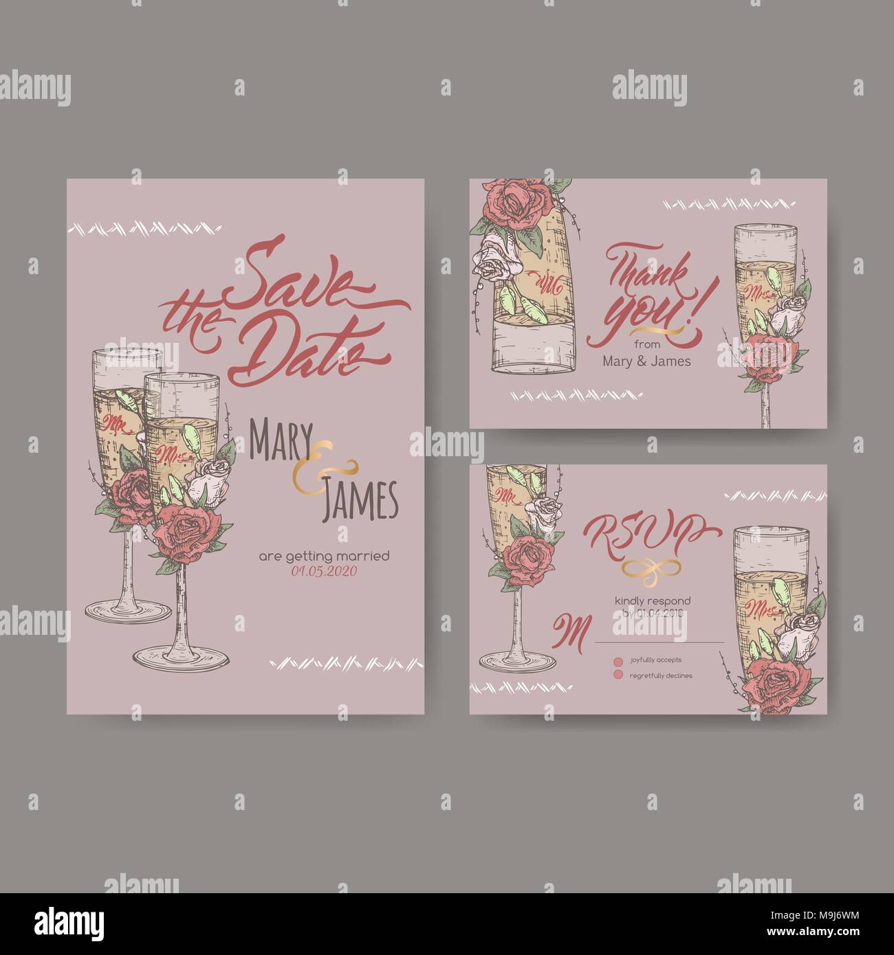Set of three original attractive wedding cards based on wine glass ...