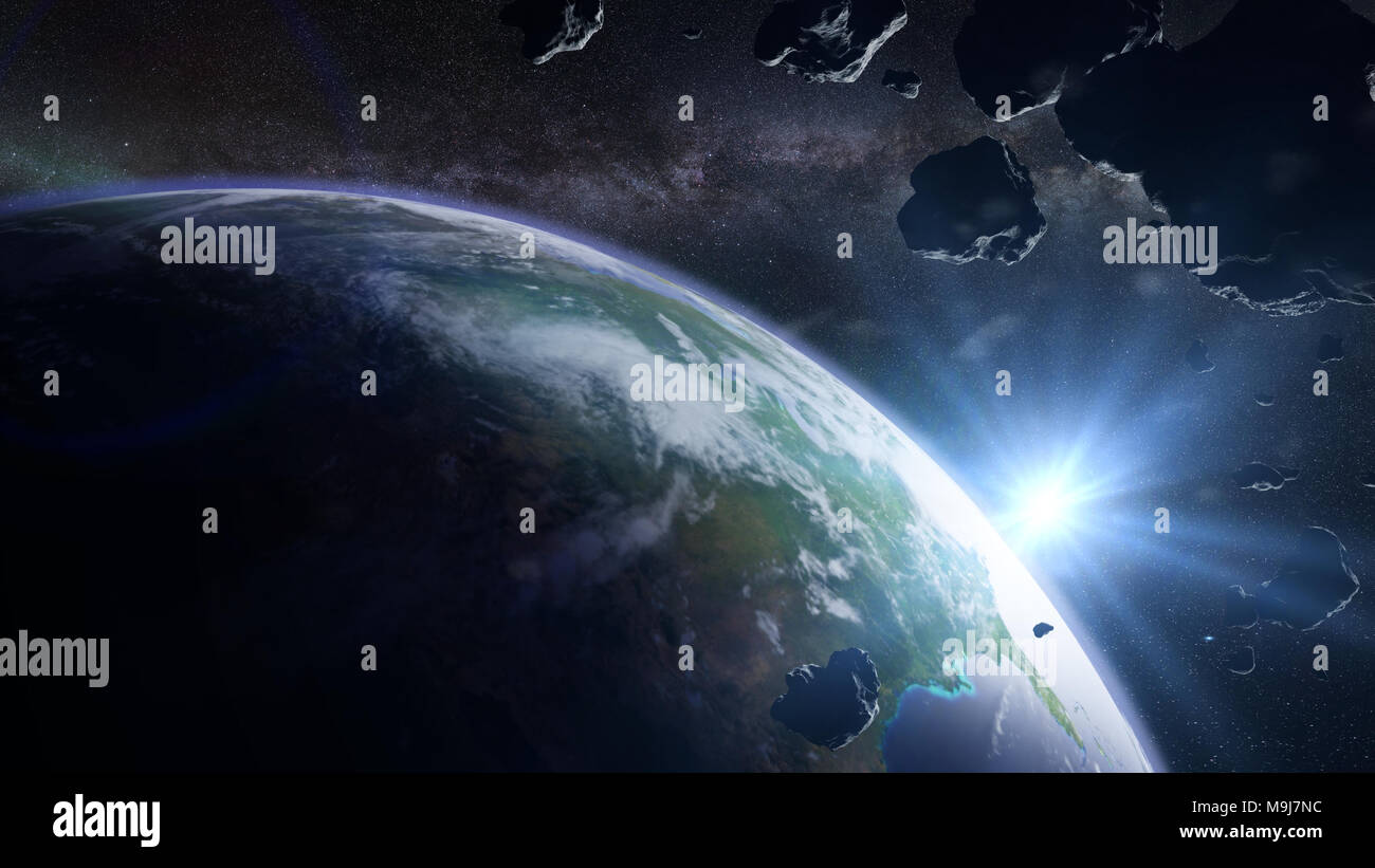 a swarm of asteroids moving towards planet Earth Stock Photo - Alamy
