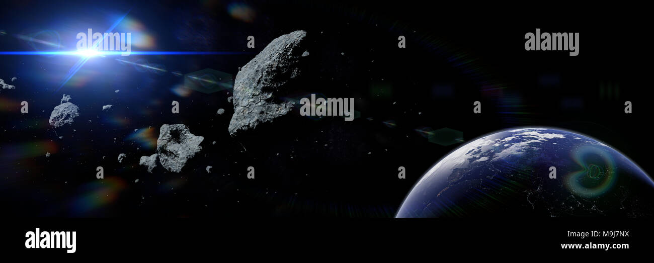 a swarm of gigantic asteroids moving towards planet Earth Stock Photo ...