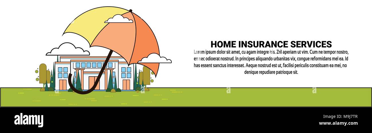Home Insurance Services Banner With Umbrella Over Real Estate Property ...