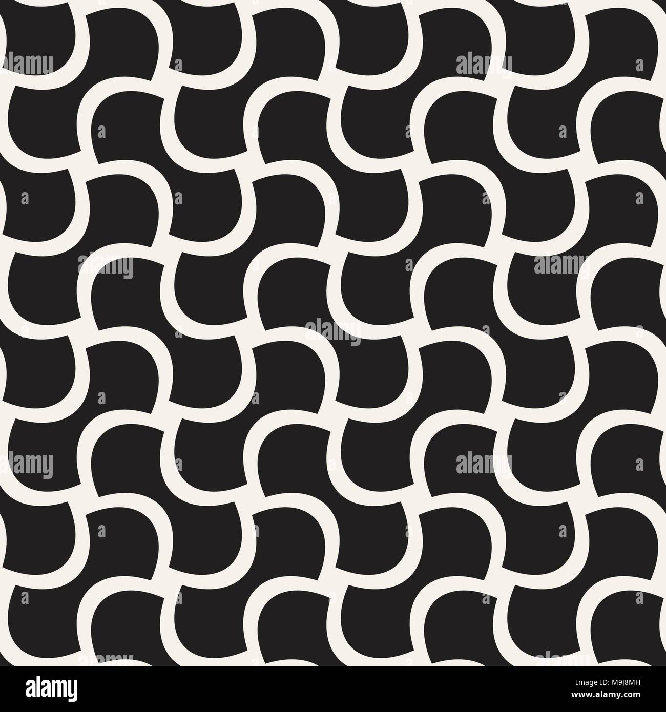 Vector geometric seamless pattern with curved shapes grid. Abstract monochrome rounded lattice ...