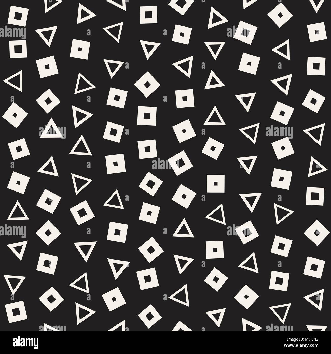 Seamless chaotic patterns. Randomly scattered geometric square triangle ...