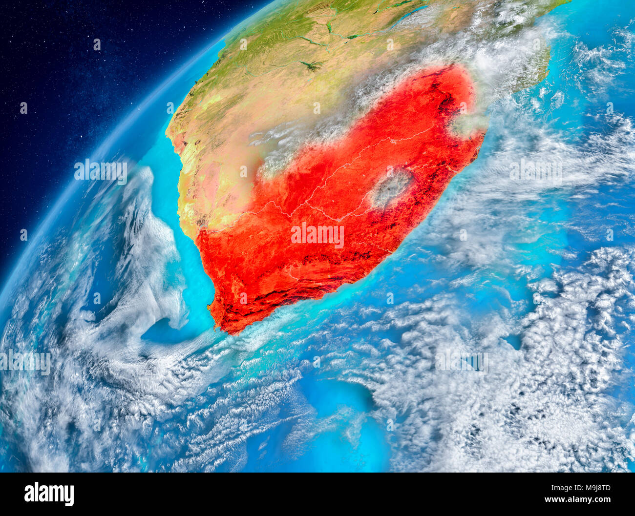 Country of South Africa in red on planet Earth with atmosphere. 3D ...