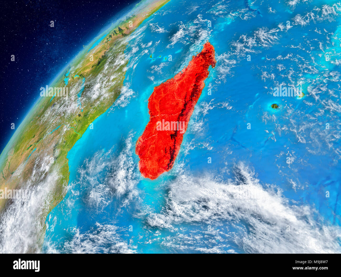 Country of Madagascar in red on planet Earth with atmosphere. 3D ...