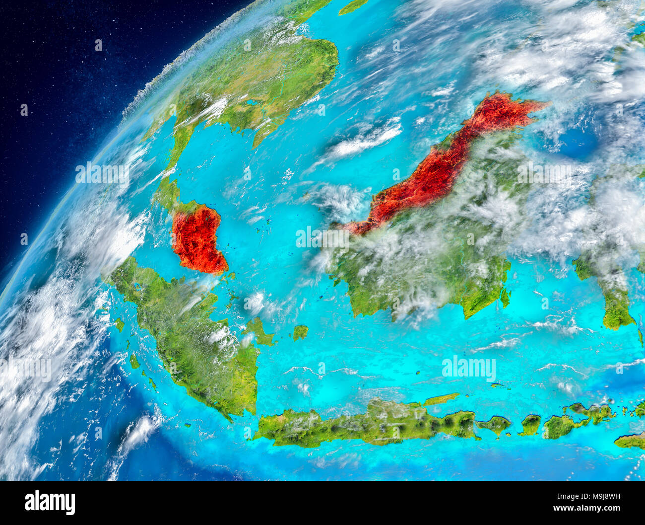 Country of Malaysia in red on planet Earth with atmosphere. 3D ...