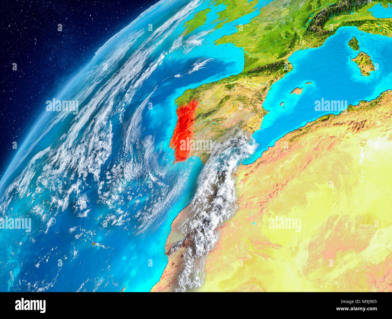 Country of Portugal in red on planet Earth with atmosphere. 3D ...
