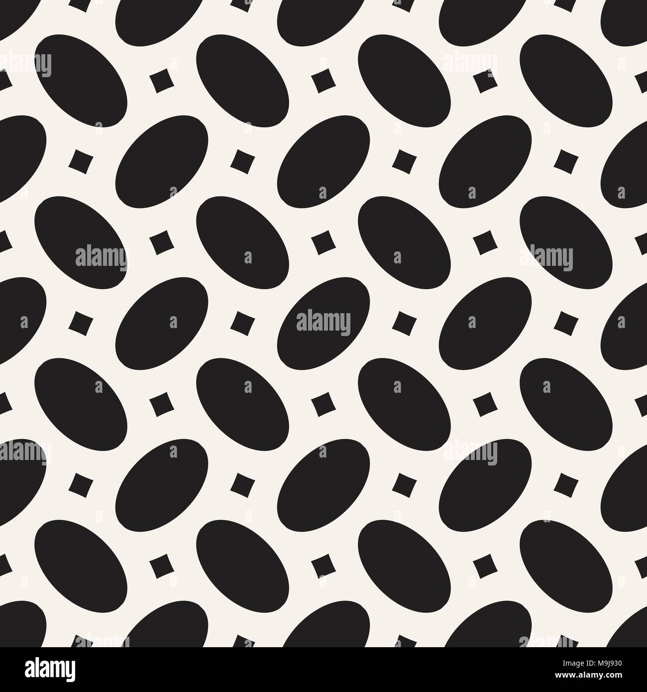 Vector geometric seamless pattern with curved shapes grid. Abstract monochrome rounded lattice ...