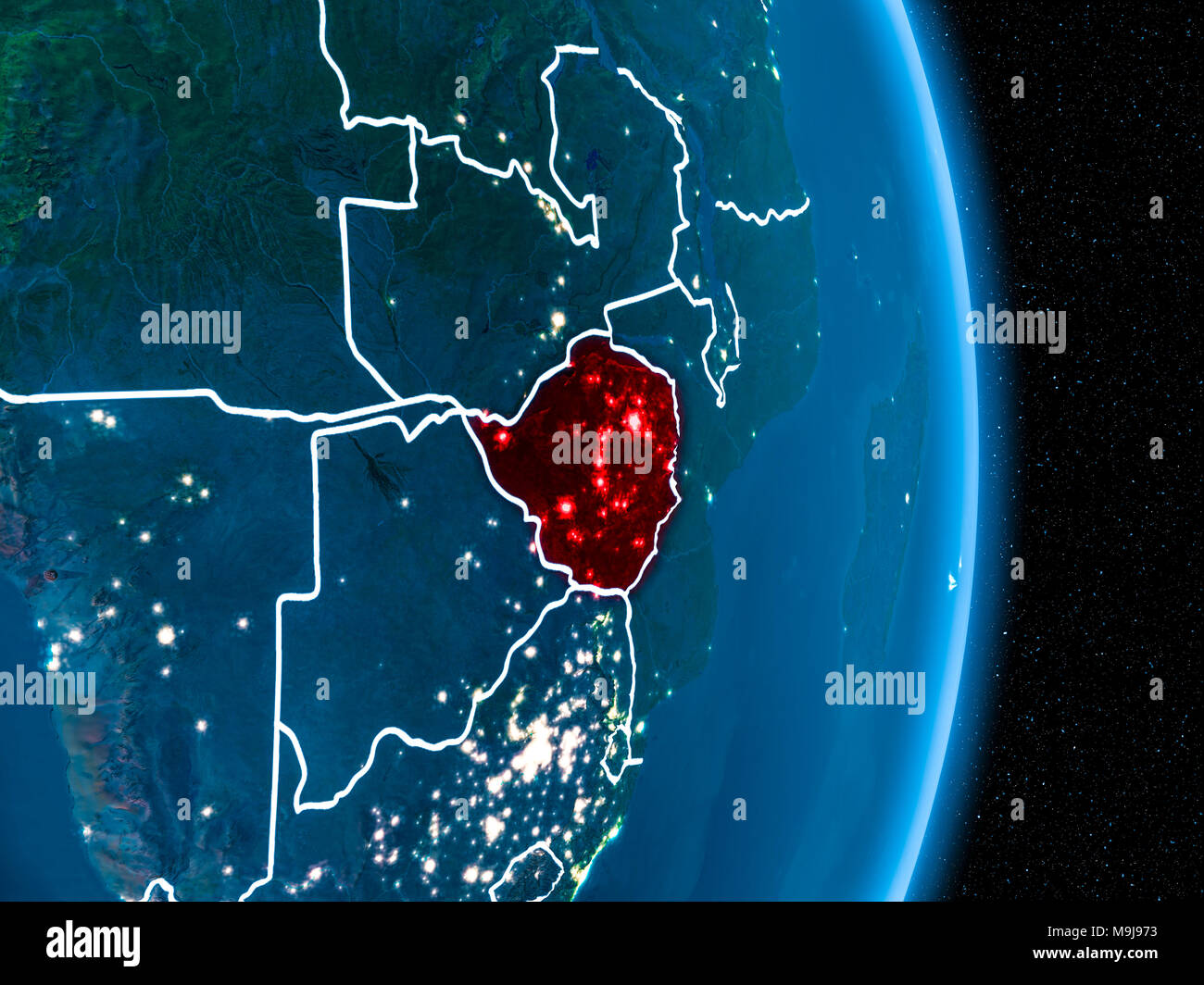 Zimbabwe from orbit of planet Earth at night with visible borderlines ...