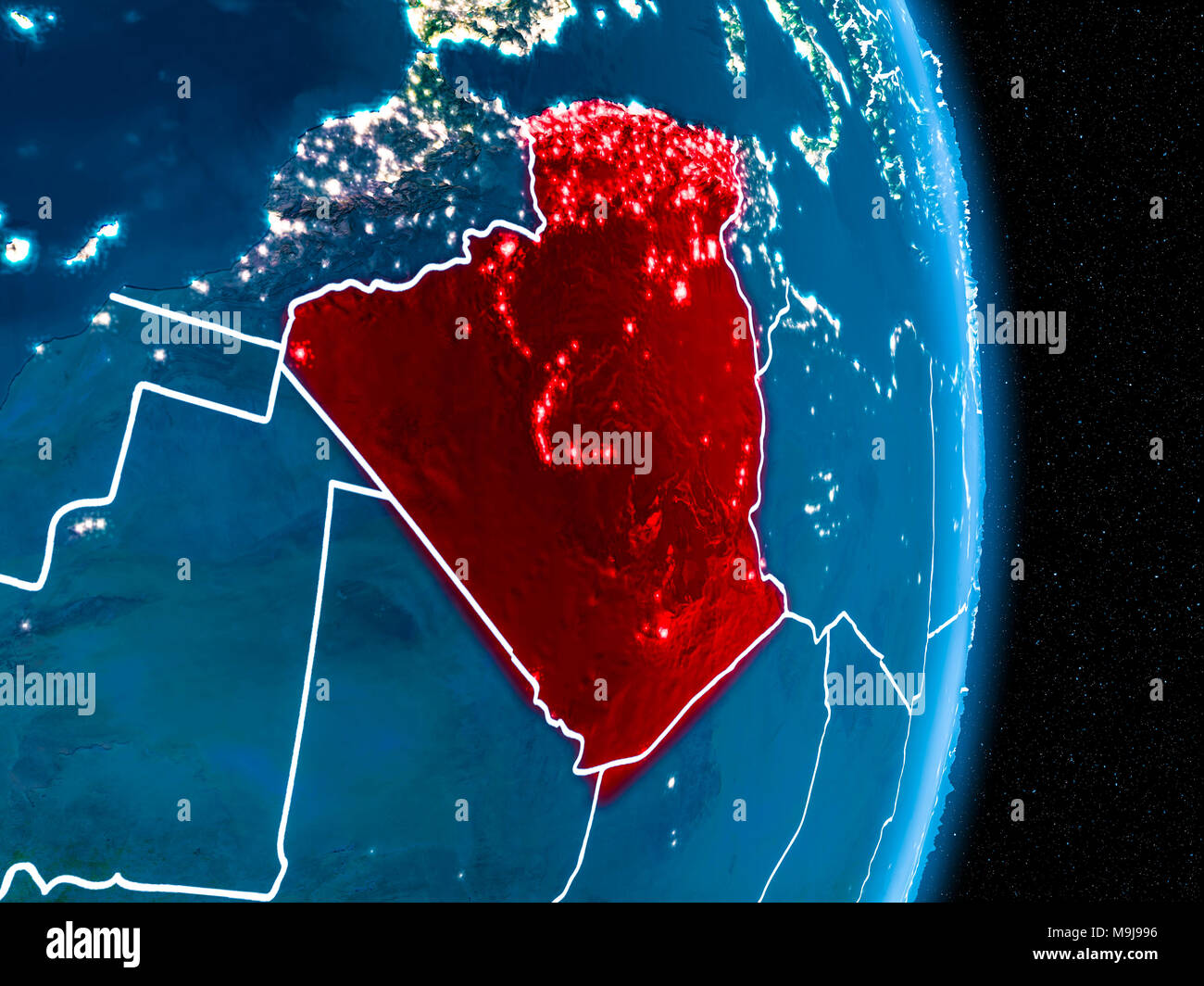 Algeria from orbit of planet Earth at night with visible borderlines ...