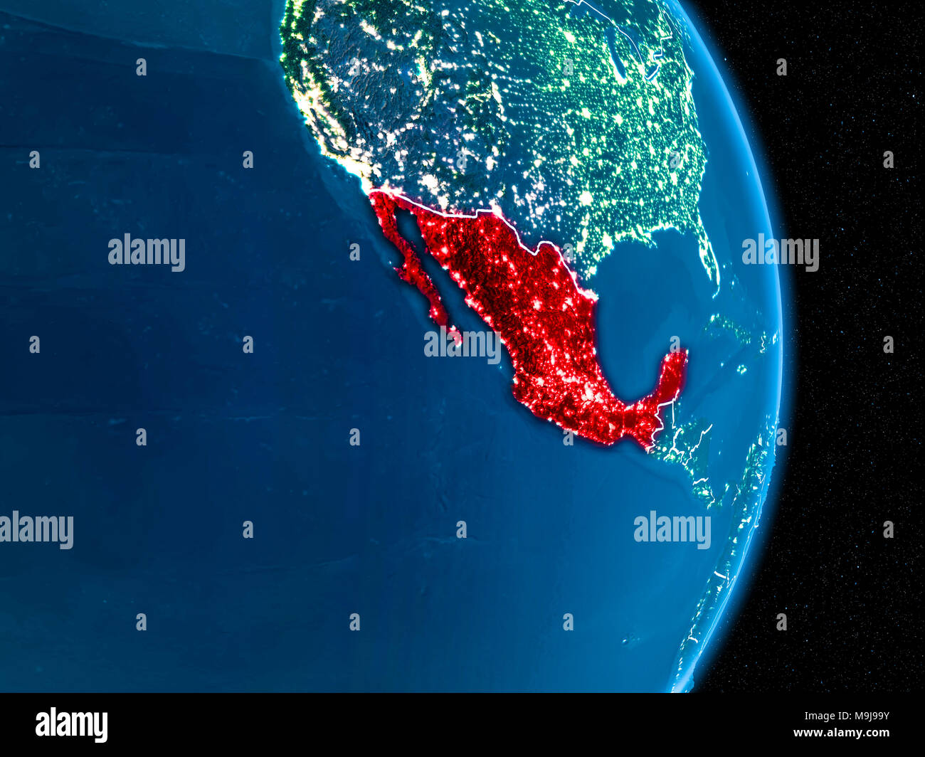 Mexico from orbit of planet Earth at night with visible borderlines and ...