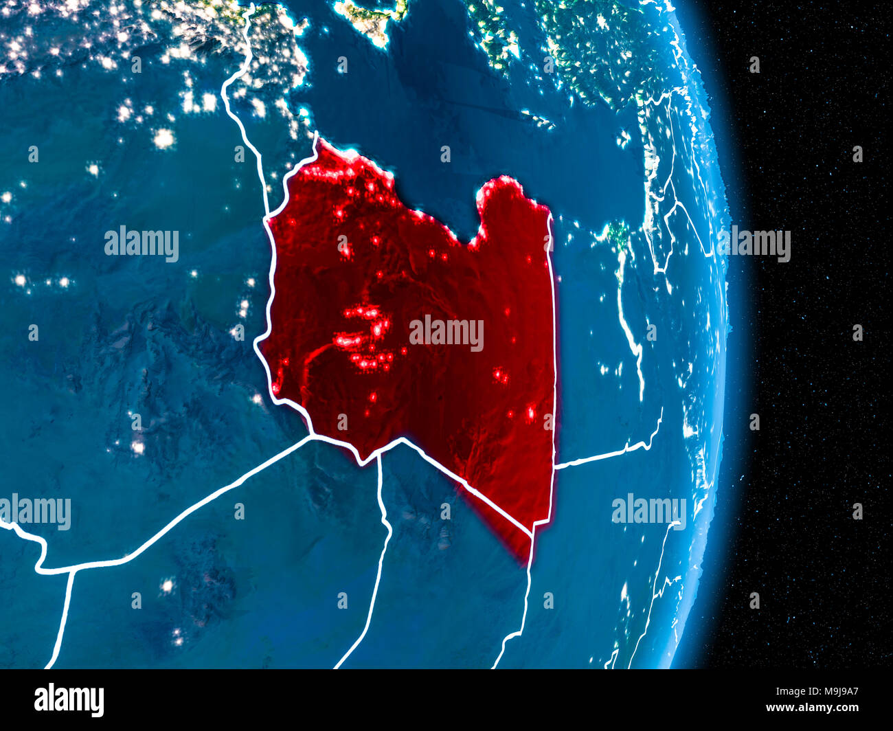 Libya from orbit of planet Earth at night with visible borderlines and ...
