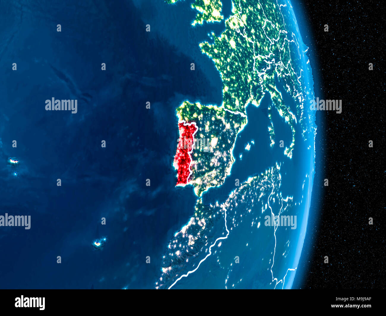 Portugal from orbit of planet Earth at night with visible borderlines ...