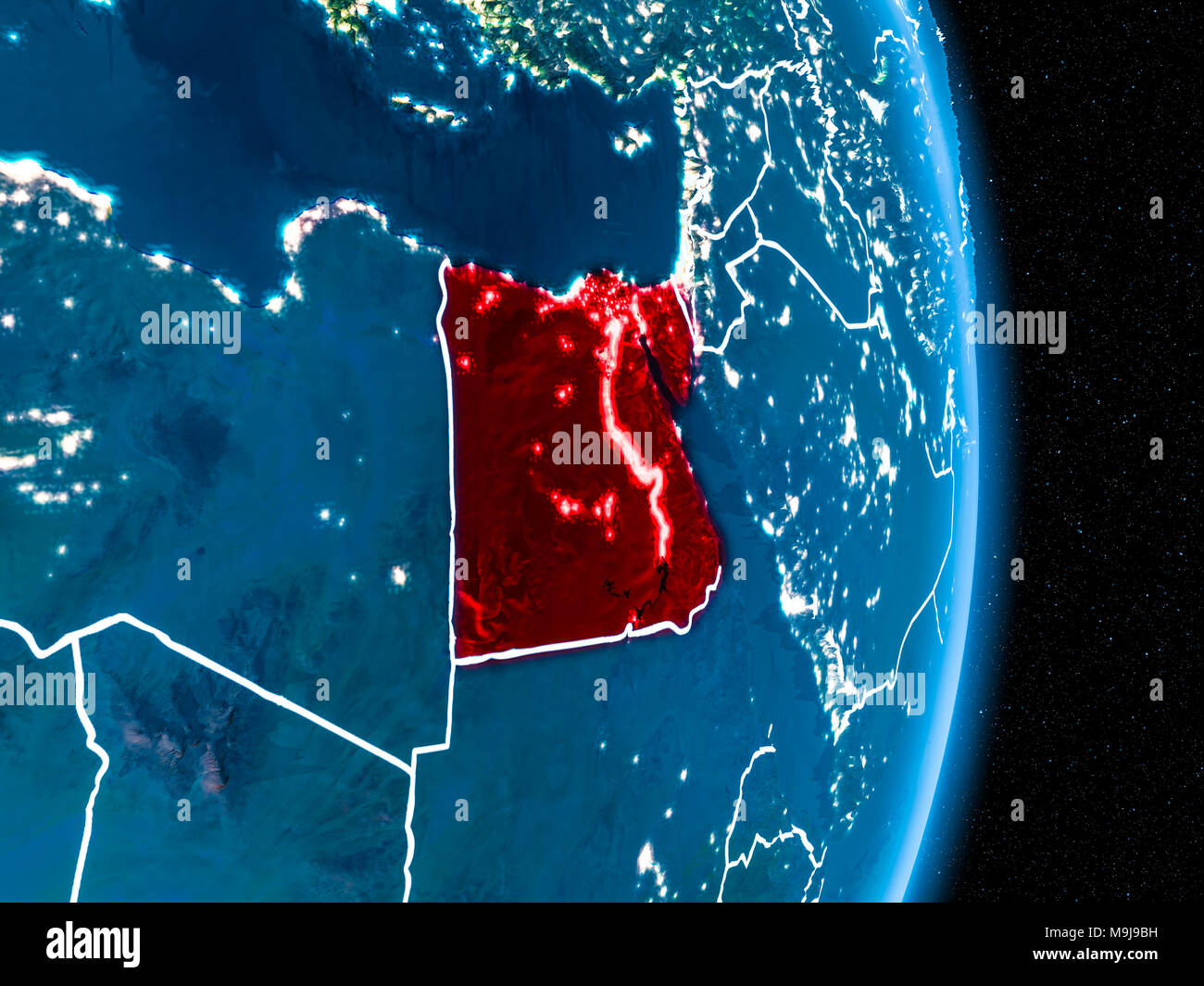 Egypt from orbit of planet Earth at night with visible borderlines and ...