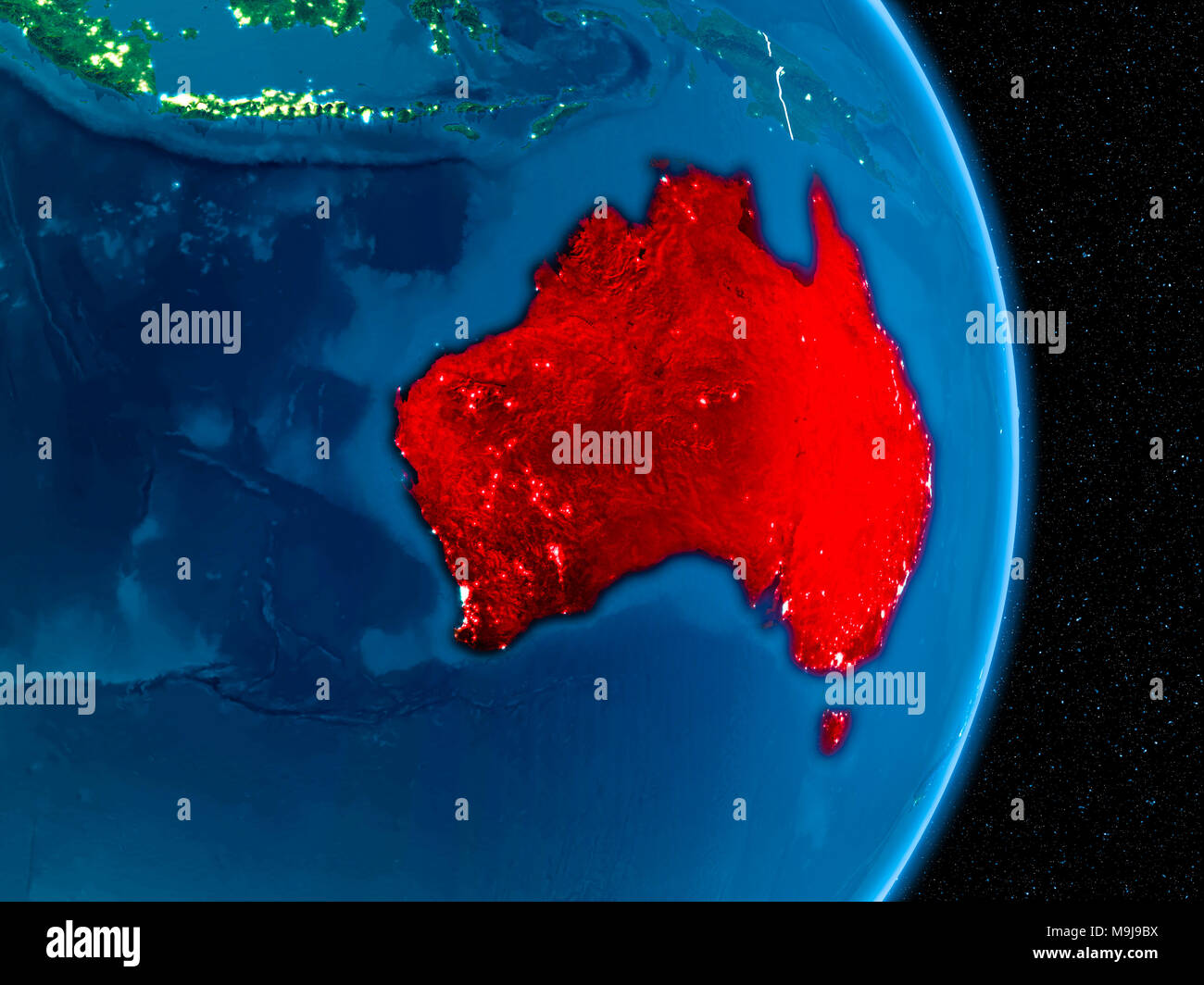 Australia from orbit of planet Earth at night with visible borderlines ...
