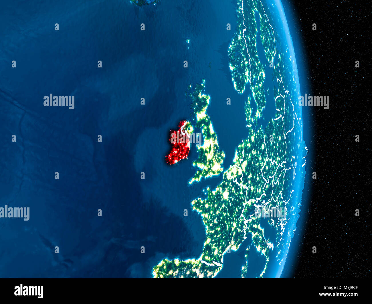 Ireland from orbit of planet Earth at night with visible borderlines ...