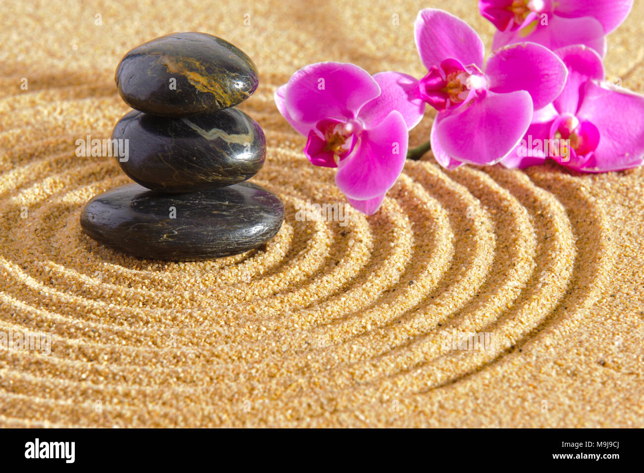 Japanese Zen garden with stacked stones in textured sand Stock Photo ...