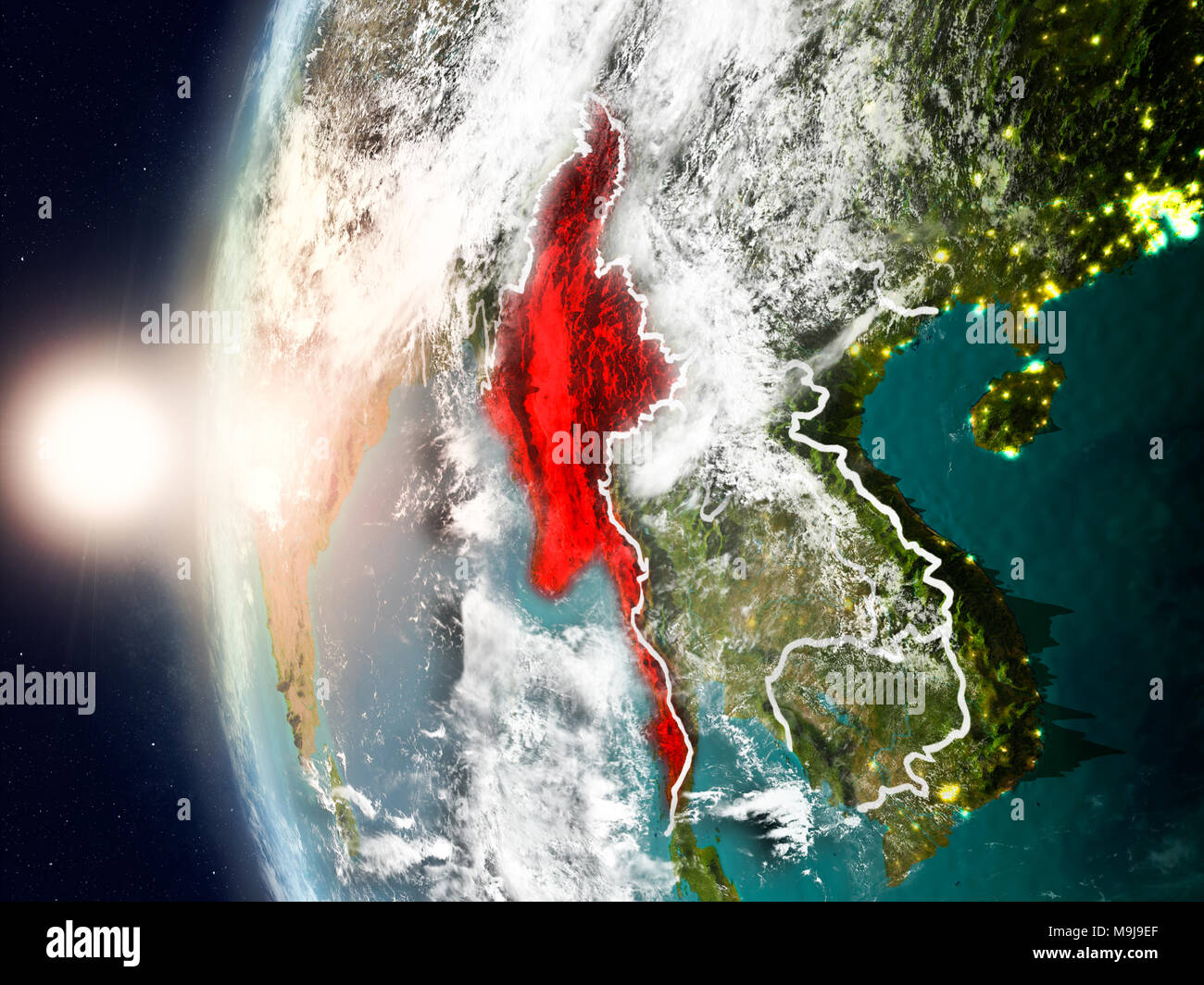 Satellite view of Myanmar highlighted in red on planet Earth with ...