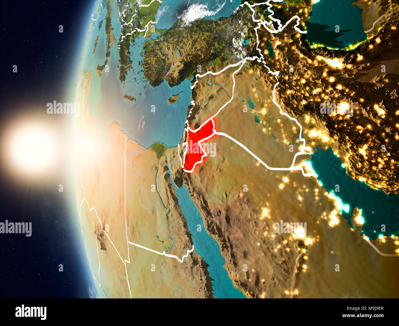 Satellite view of Jordan highlighted in red on planet Earth with clouds ...