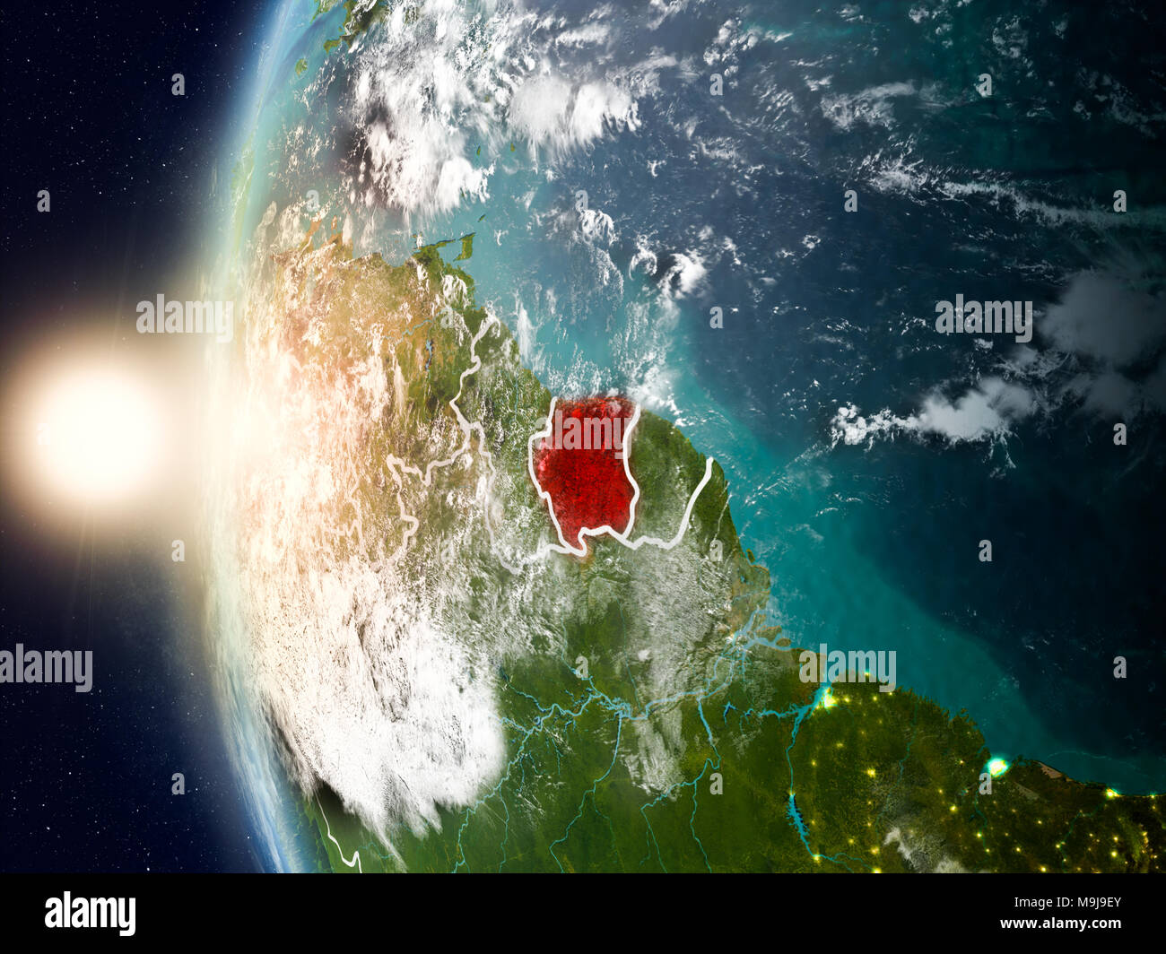 Satellite view of Suriname highlighted in red on planet Earth with ...