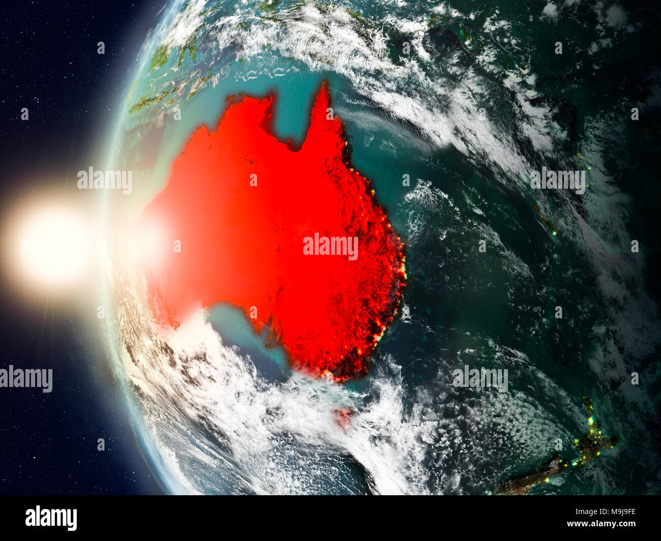 Satellite view of Australia highlighted in red on planet Earth with ...
