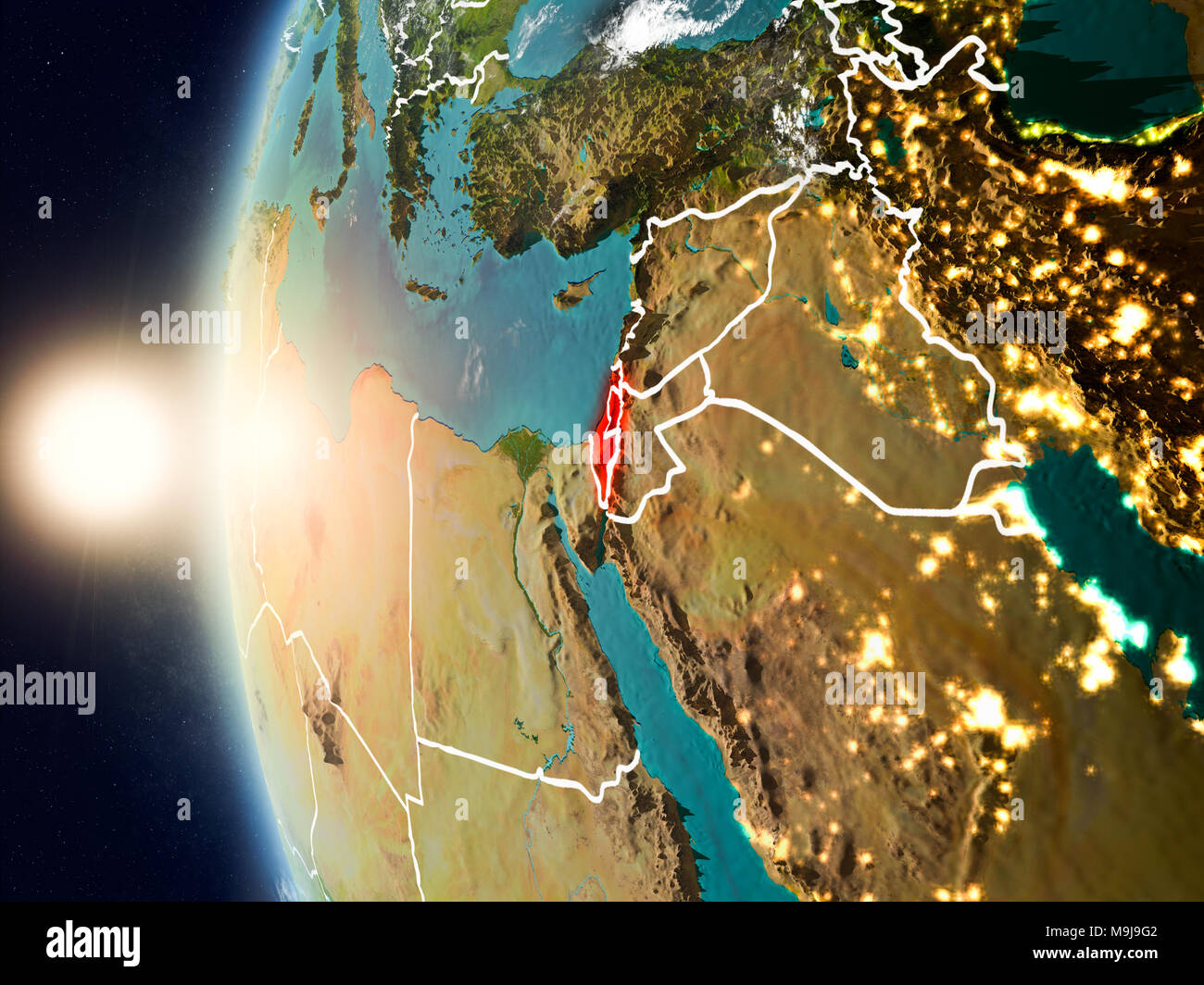 Satellite view of Israel highlighted in red on planet Earth with clouds ...