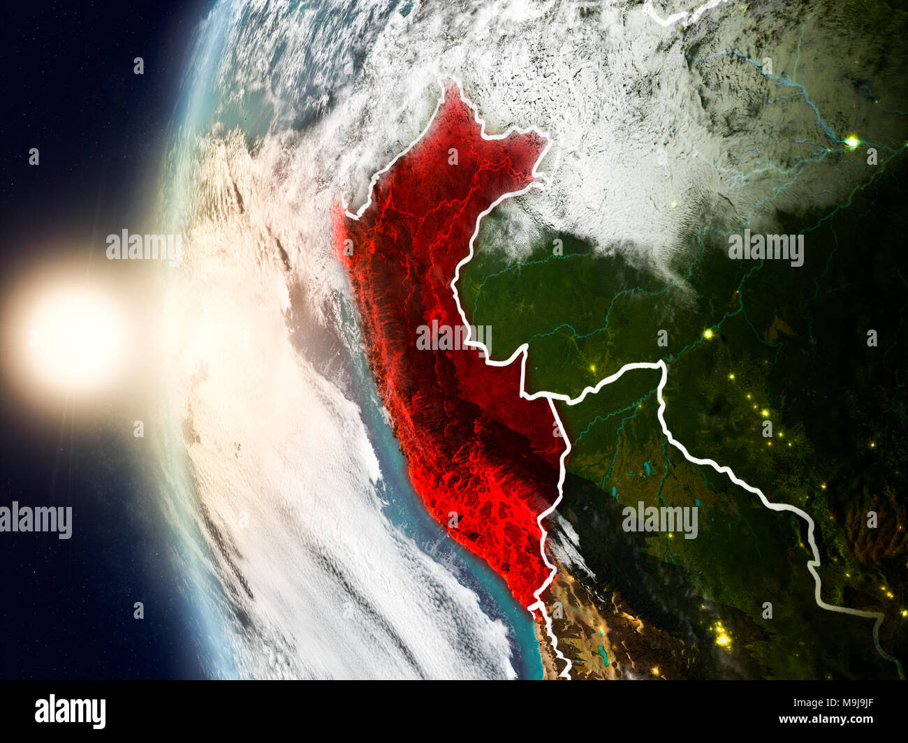Satellite view of Peru highlighted in red on planet Earth with clouds ...