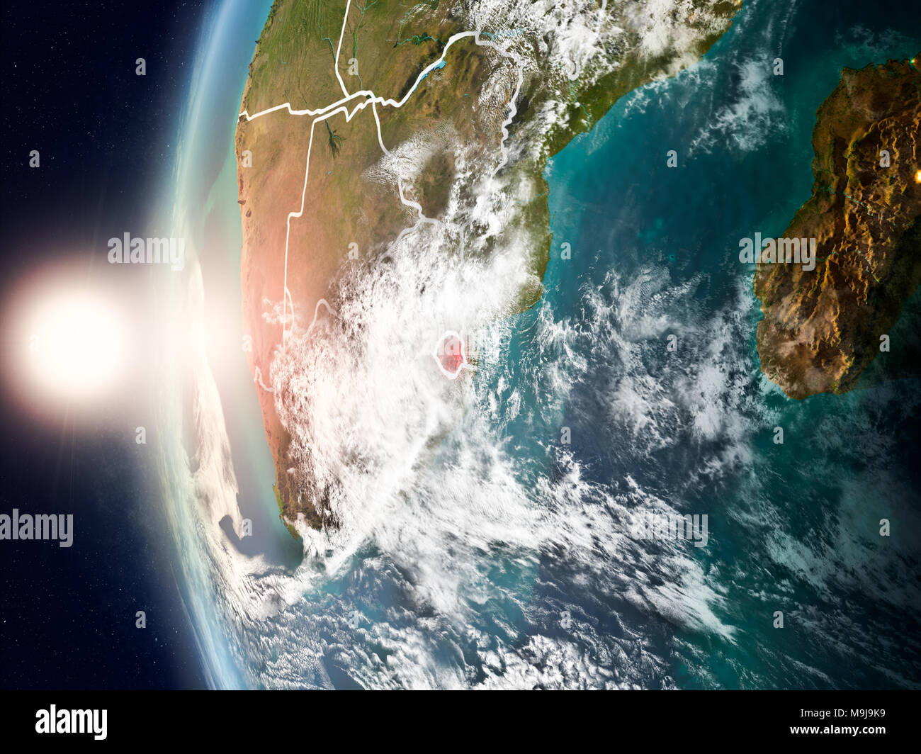 Satellite view of Swaziland highlighted in red on planet Earth with clouds and visible country ...
