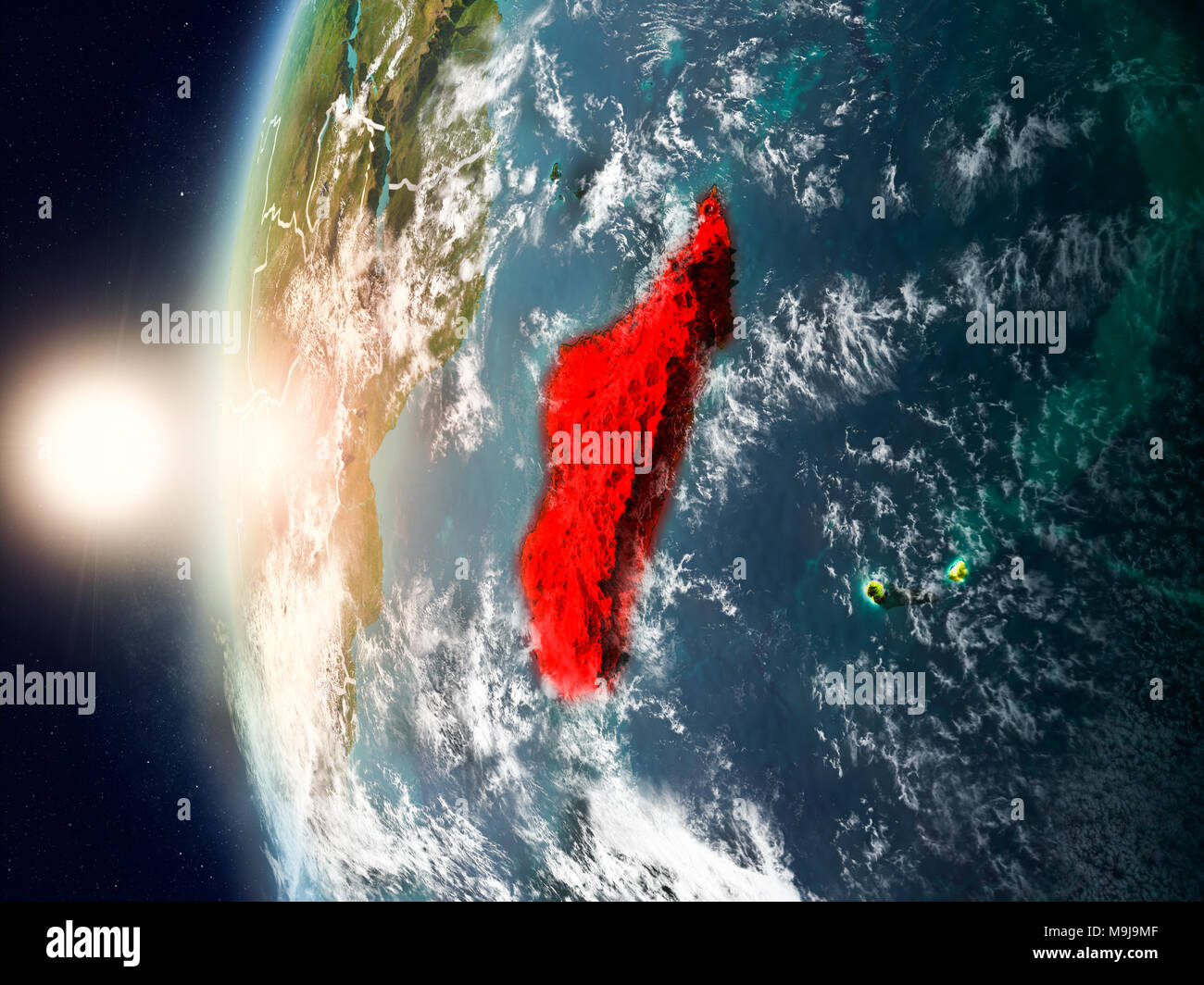 Satellite view of Madagascar highlighted in red on planet Earth with ...