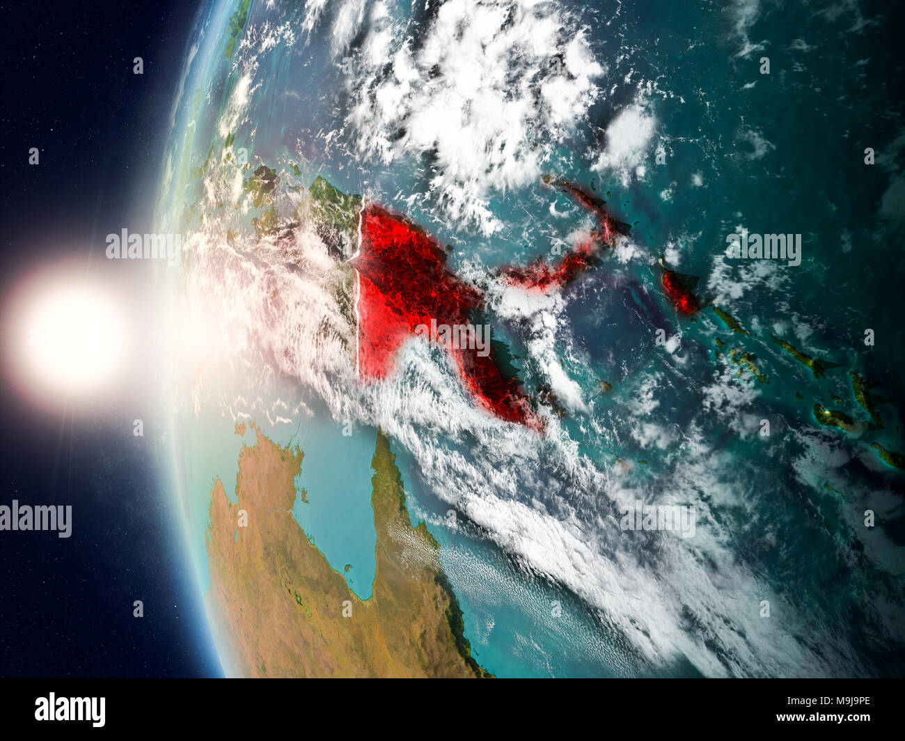Satellite view of Papua New Guinea highlighted in red on planet Earth ...