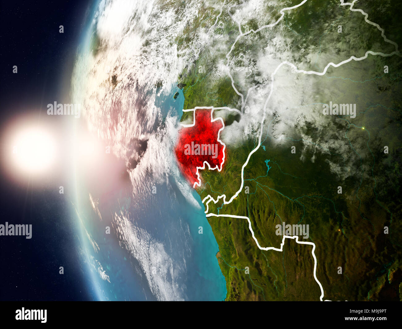 Satellite view of Gabon highlighted in red on planet Earth with clouds ...