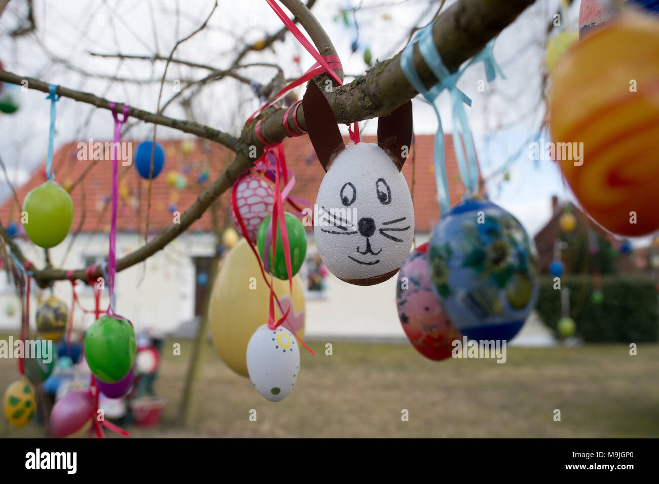 20 March 2018, Germany, Wulkau: Easter eggs hanging from the branches ...