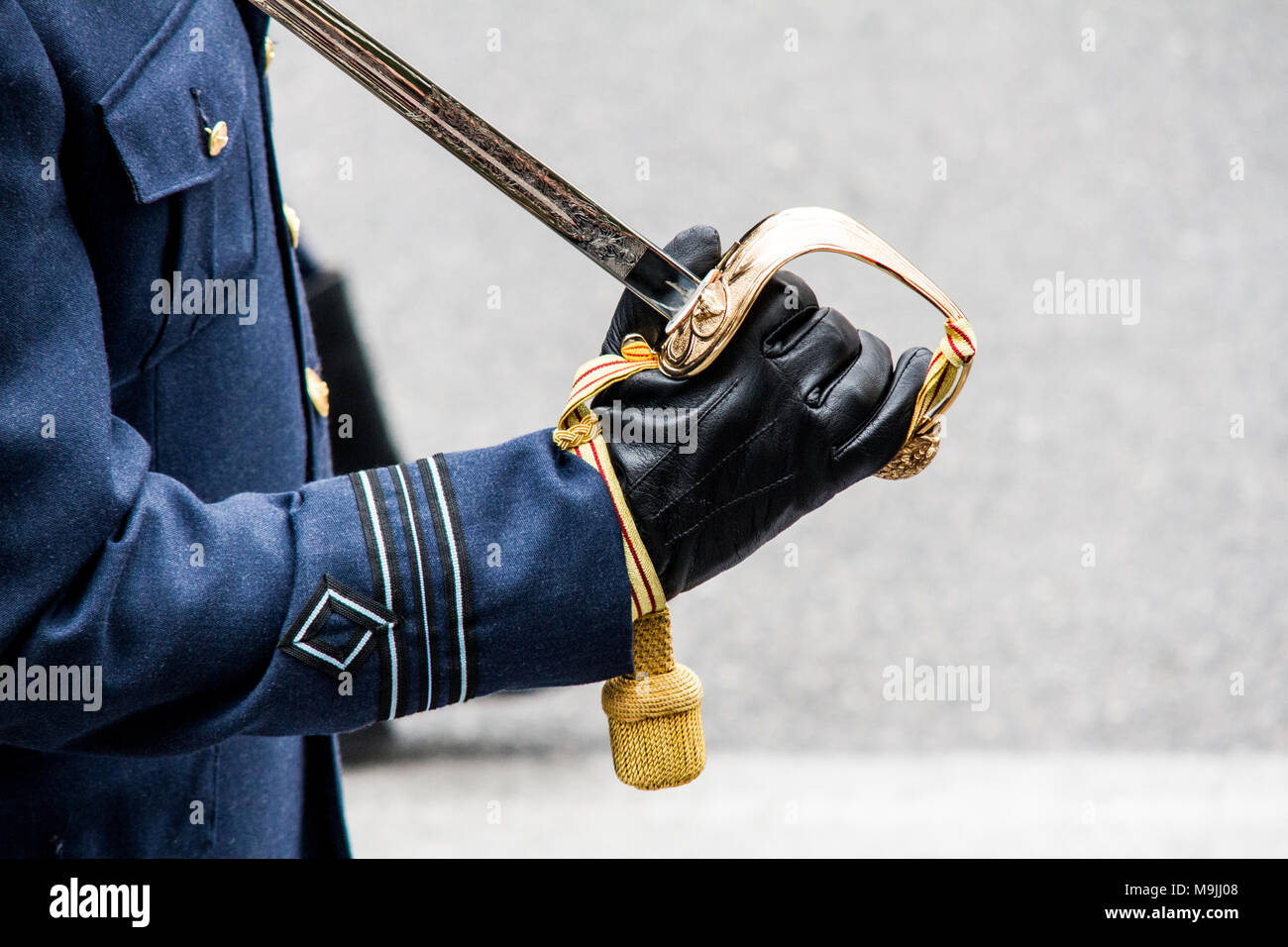 An Air-Force officer is holding his sword during the parade.A military ...