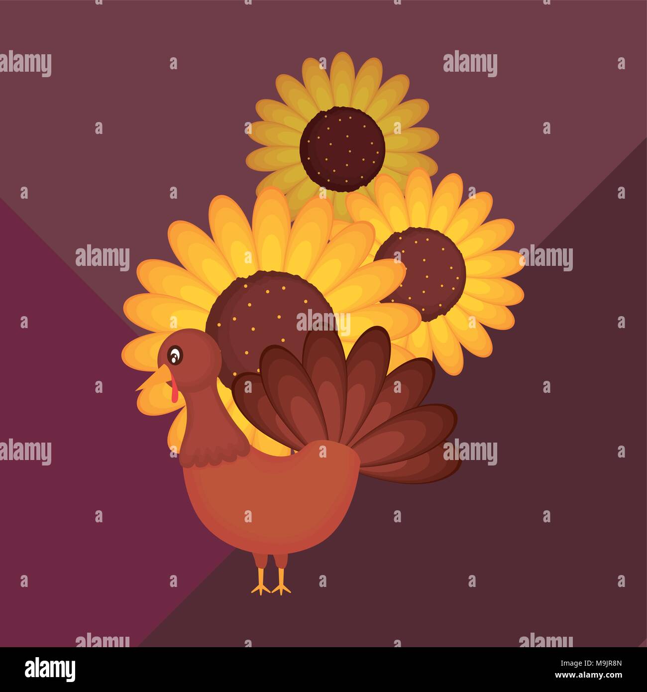 Thanksgiving design with cartoon turkey and beautiful sunflowers over ...