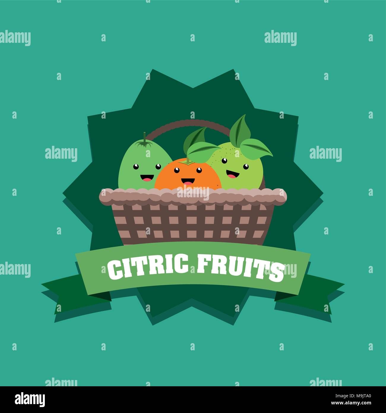 Citric fruits design with basket with kawaii fruits icon over green ...