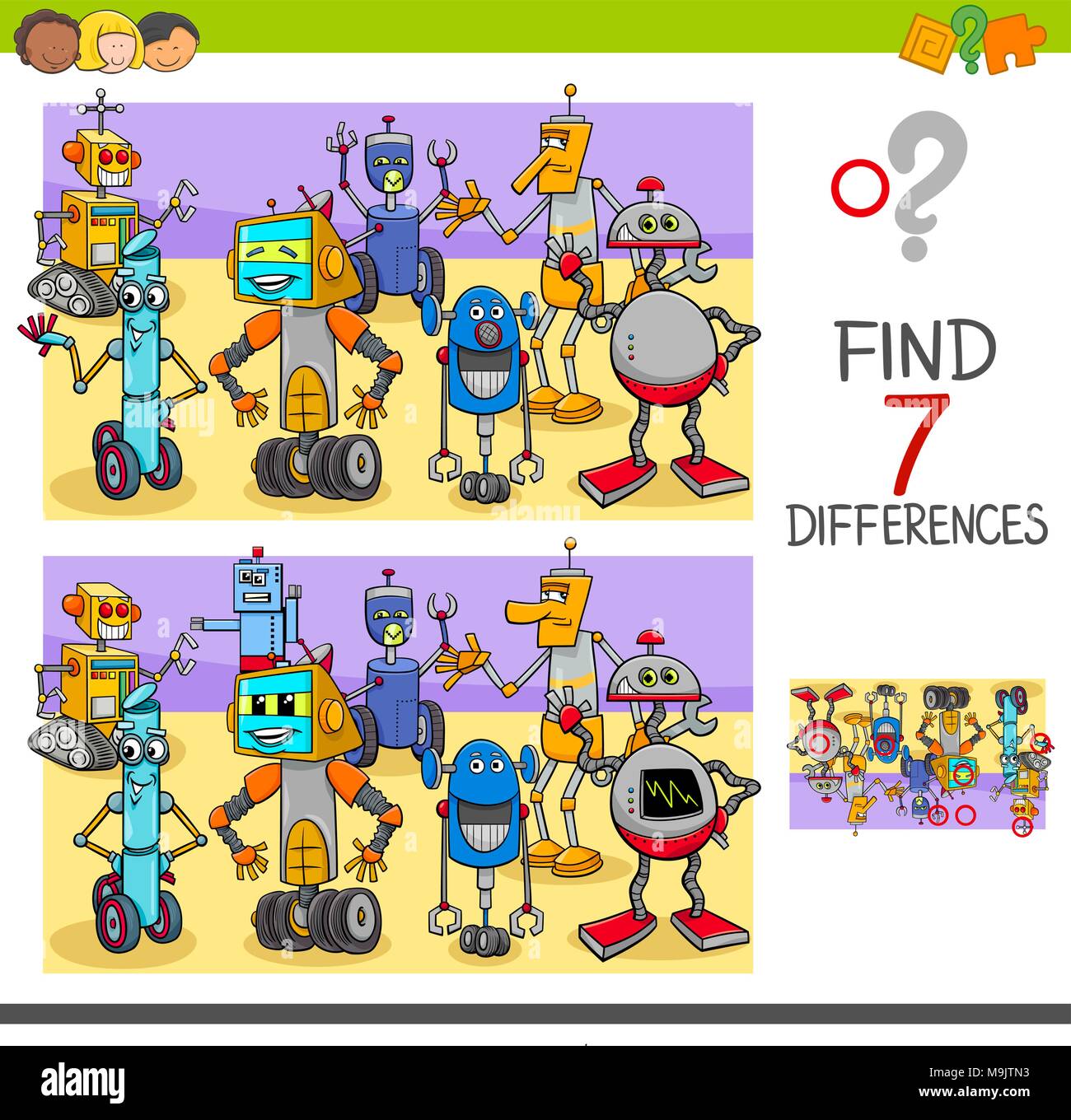 Cartoon Illustration of Finding Seven Differences Between Pictures Educational Activity Game for ...