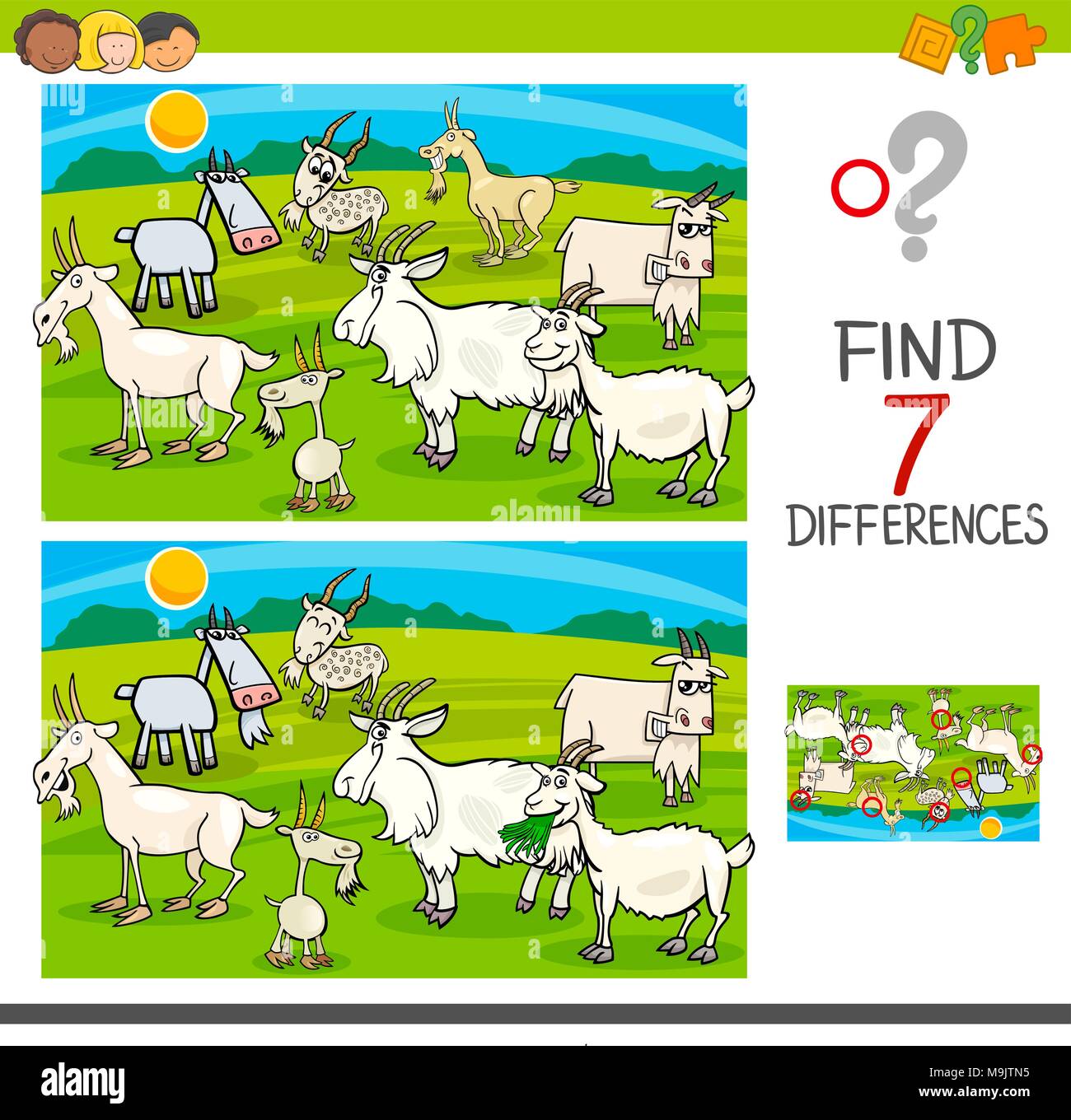 Cartoon Illustration of Finding Seven Differences Between Pictures Educational Activity Game for ...