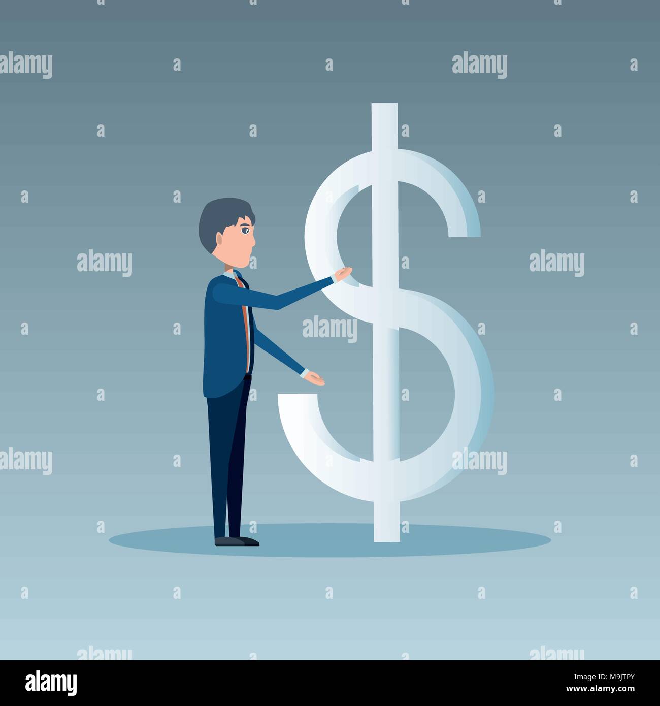 cartoon businessman standing with big money symbol over gray background ...