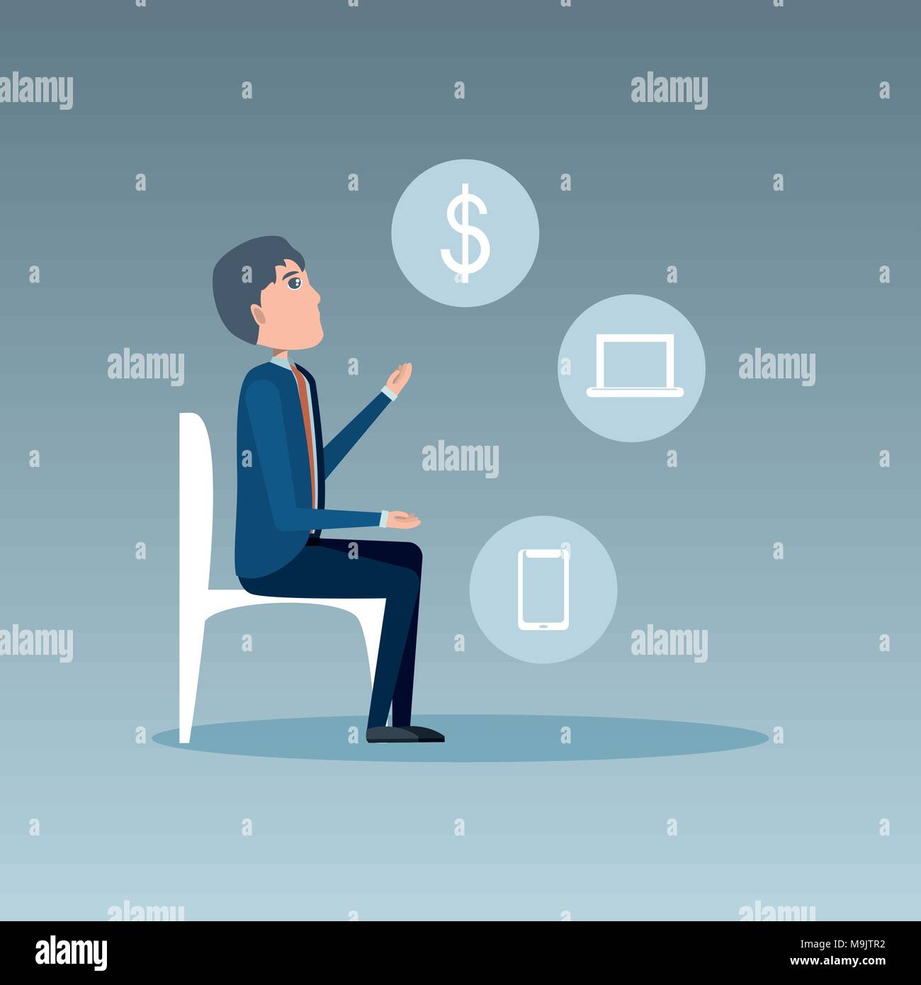 cartoon businessman sitting with business related icons over gray ...